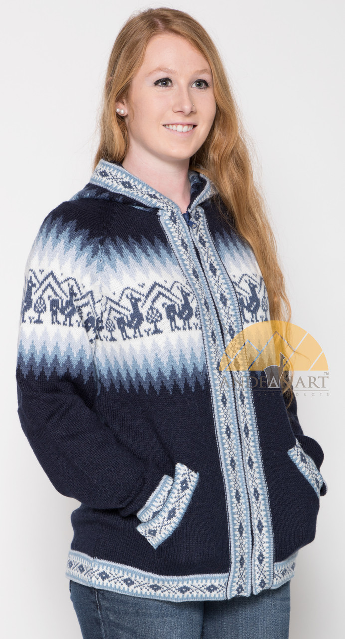 Alpaca Motif Hoodie Zip-Up Cardigan - Alpaca Sweater - Alpaca Blend ...